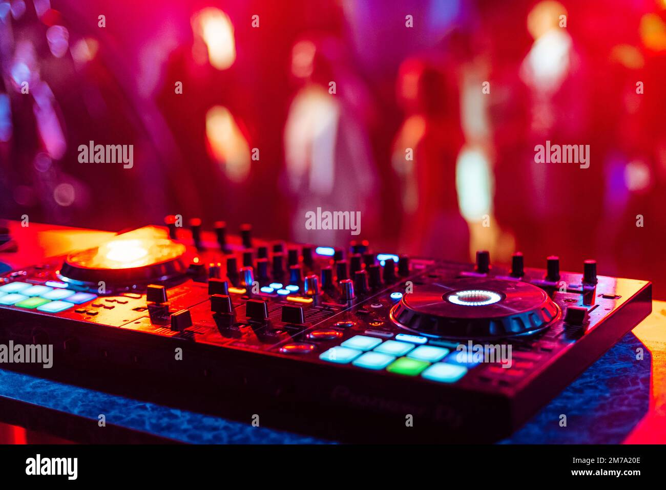 music mixer DJ controller in booth at nightclub party Stock Photo - Alamy