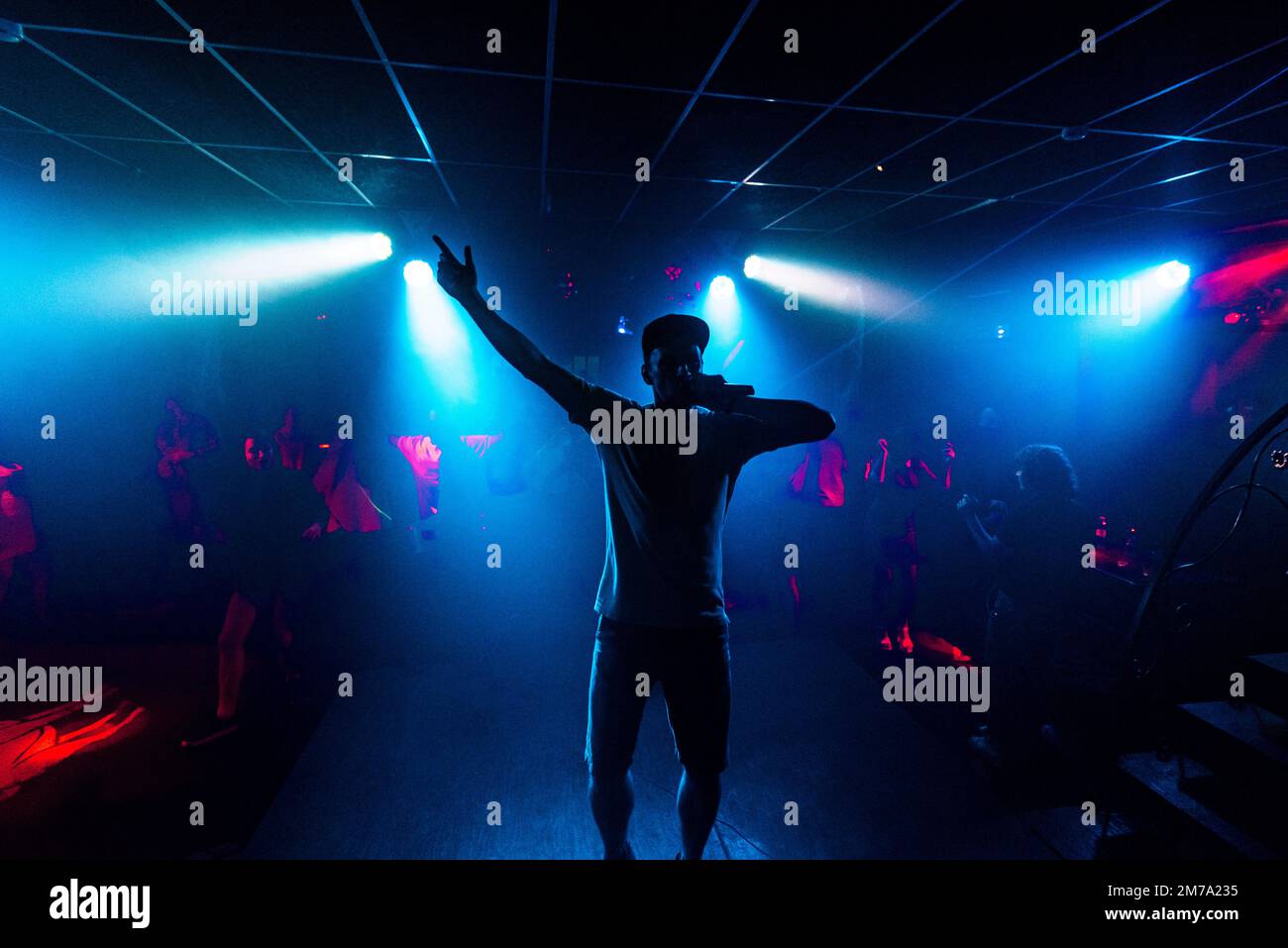 artist with a microphone performs on the stage of a nightclub at a ...