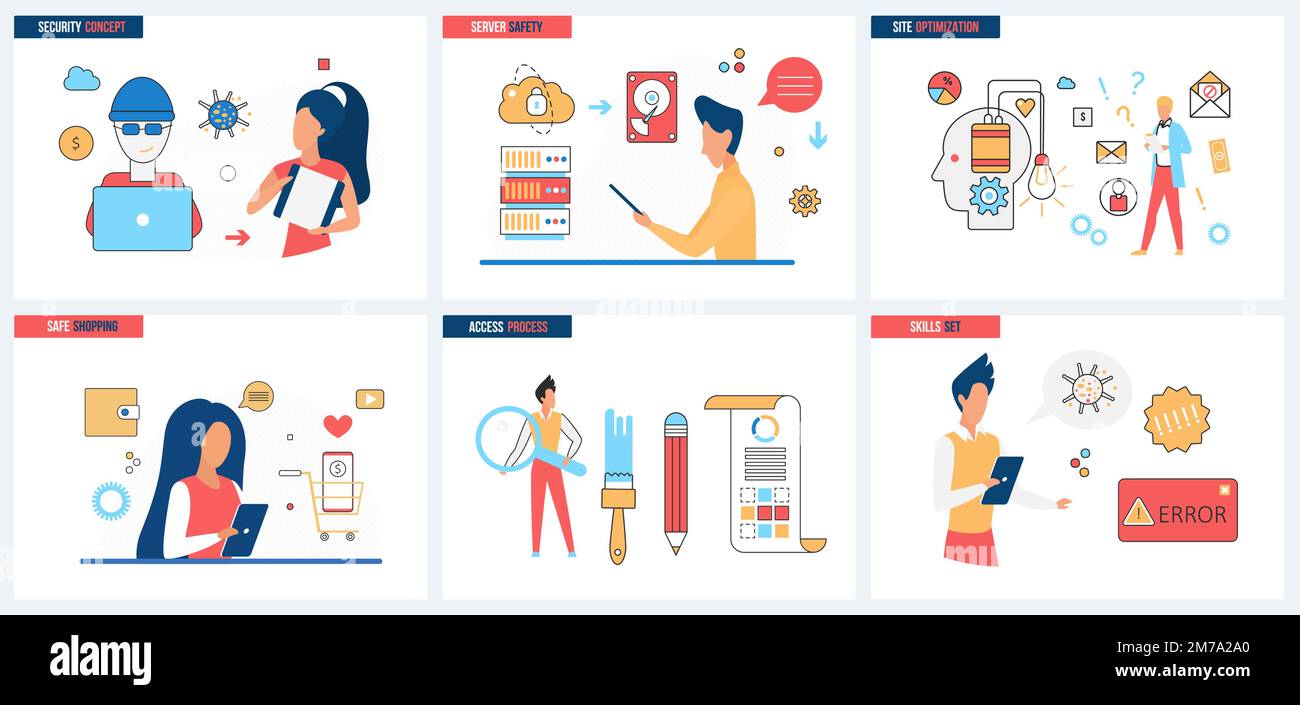 Server and website optimization, cybersecurity, secure account access and shopping set vector ...