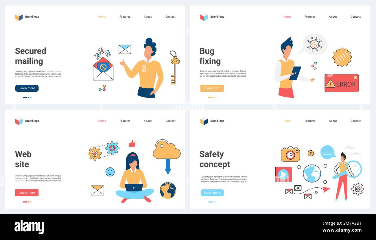 Secure email and cyber security, bug fixing and online antivirus protection set vector ...