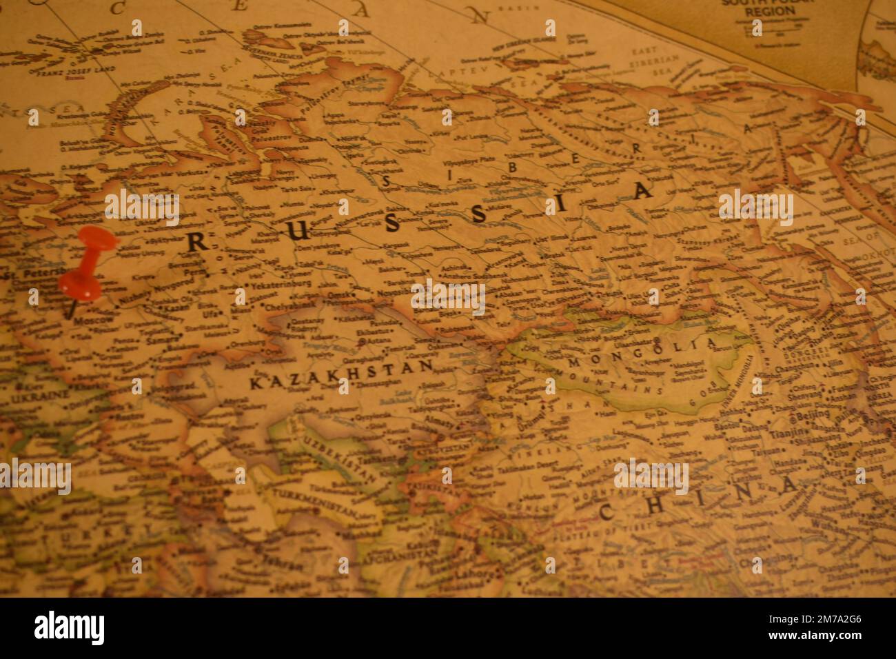 Vintage map of Russia with a pin on a Moscow and pen on a Kiev Stock ...