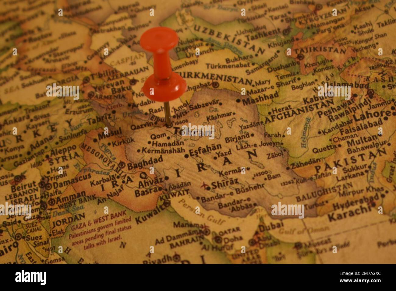 Vintage map of Iran with a pin on a Tehran Stock Photo - Alamy