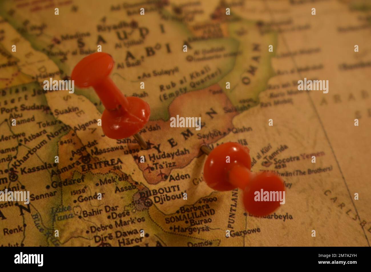 Vintage map of Yemen with a pin on a Sanaa and Al Mukalla Stock Photo ...