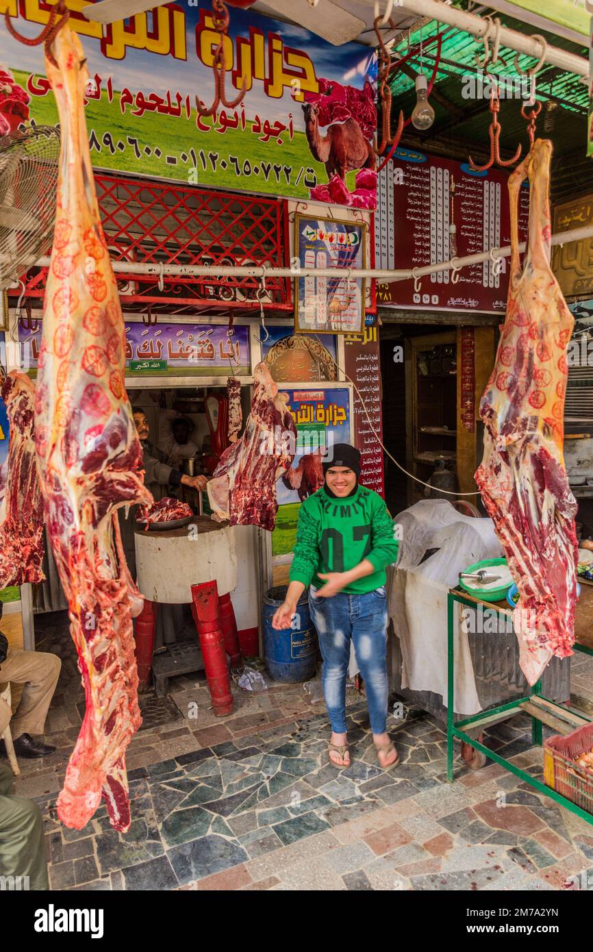 CAIRO, EGYPT - JANUARY 29, 2019: Butcher stall at El-Khayamiya ...