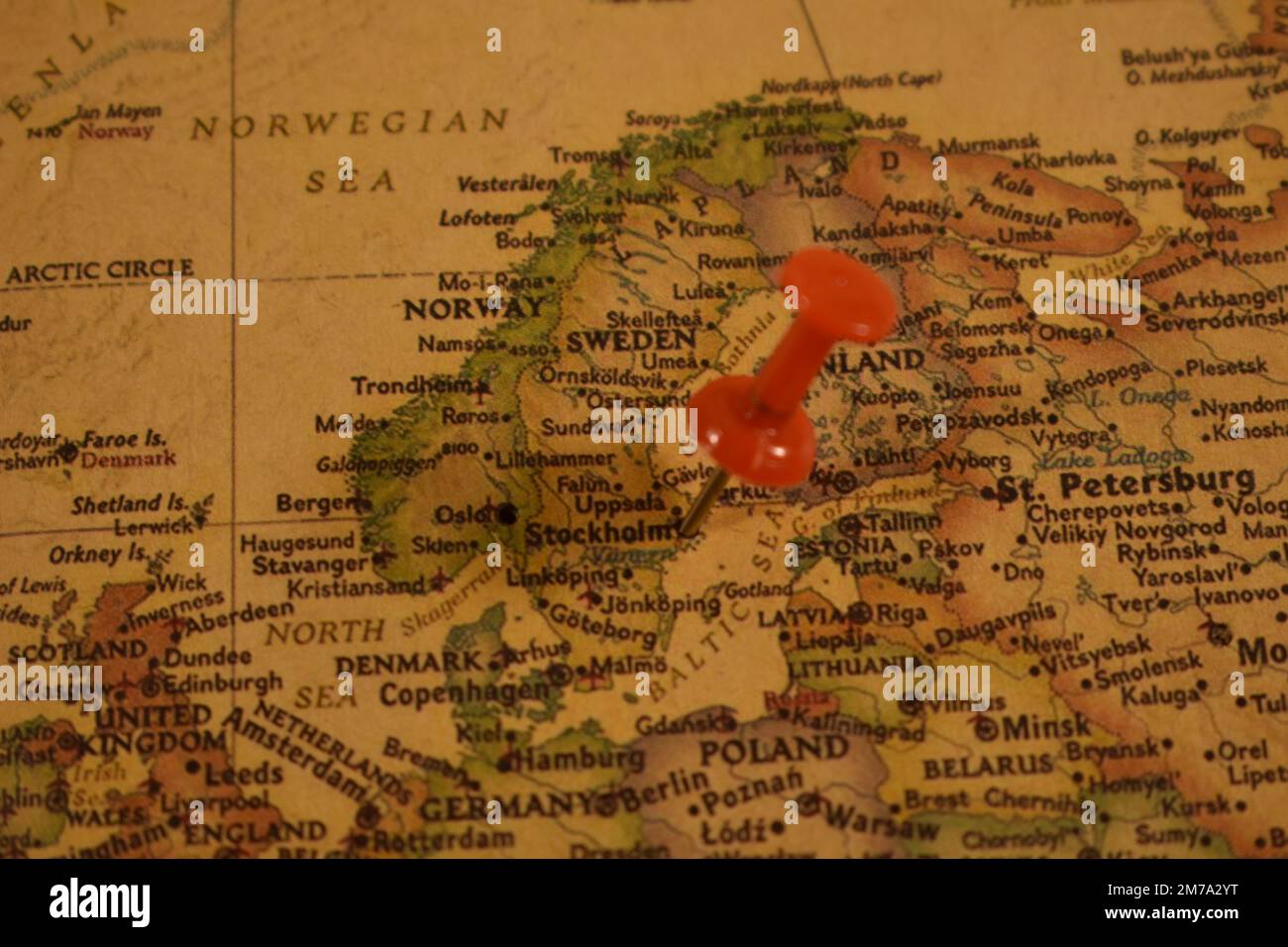Vintage map of Sweden with a pin on a Stockholm Stock Photo - Alamy