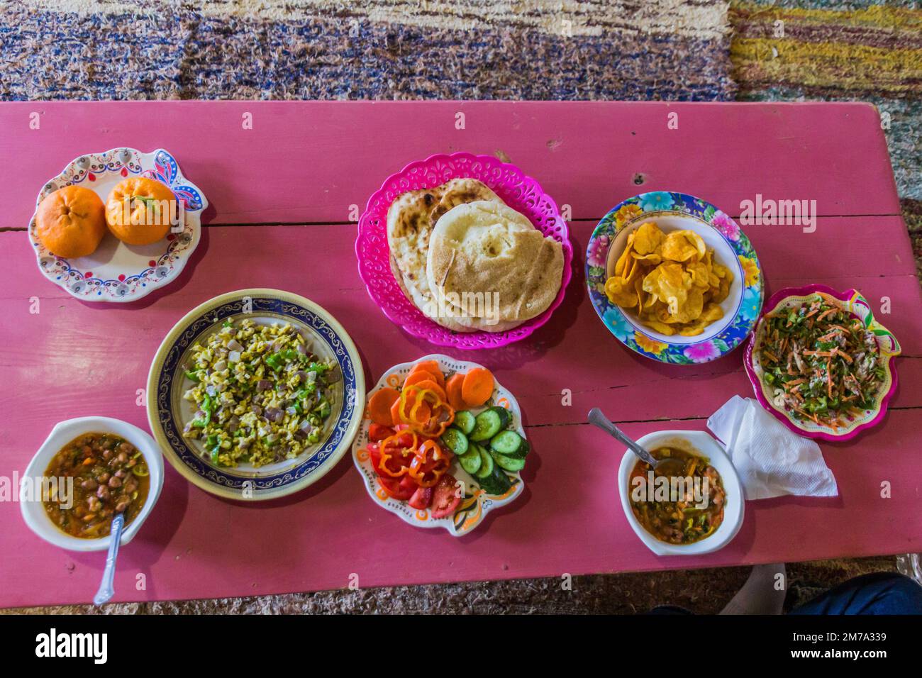 Food in Egypt - Eggs, fuul (beans), salad, bread and fruits Stock Photo ...