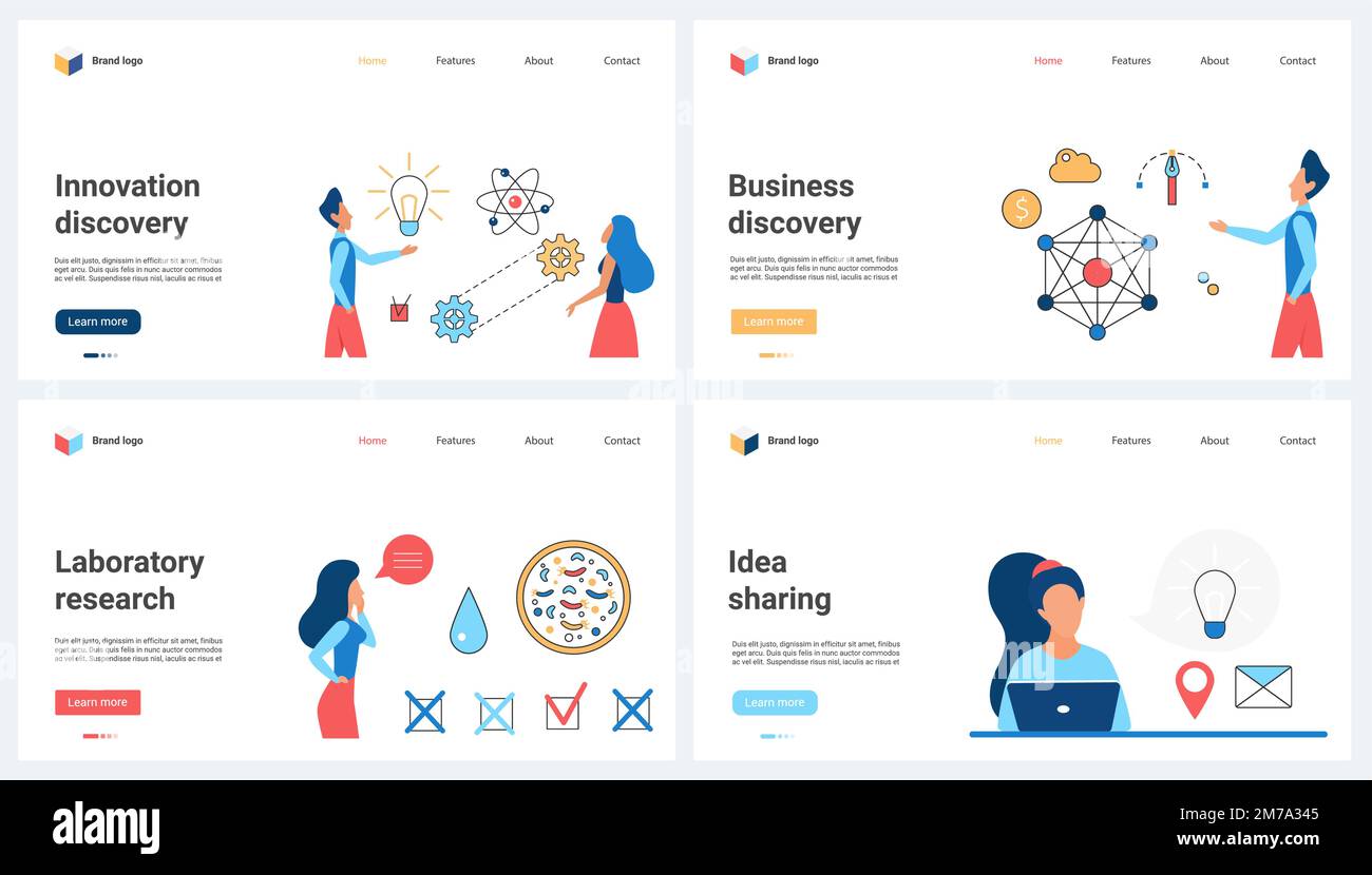 Science discovery, share of idea and business innovation set vector illustration. Cartoon tiny ...