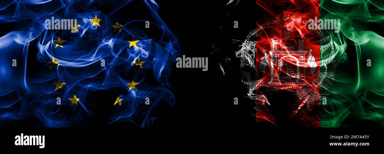 Flags of EU, European Union vs Afghanistan, Afghani. Smoke flag placed ...