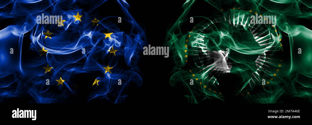 Flags of EU, European Union vs African Union, Africa. Smoke flag placed ...