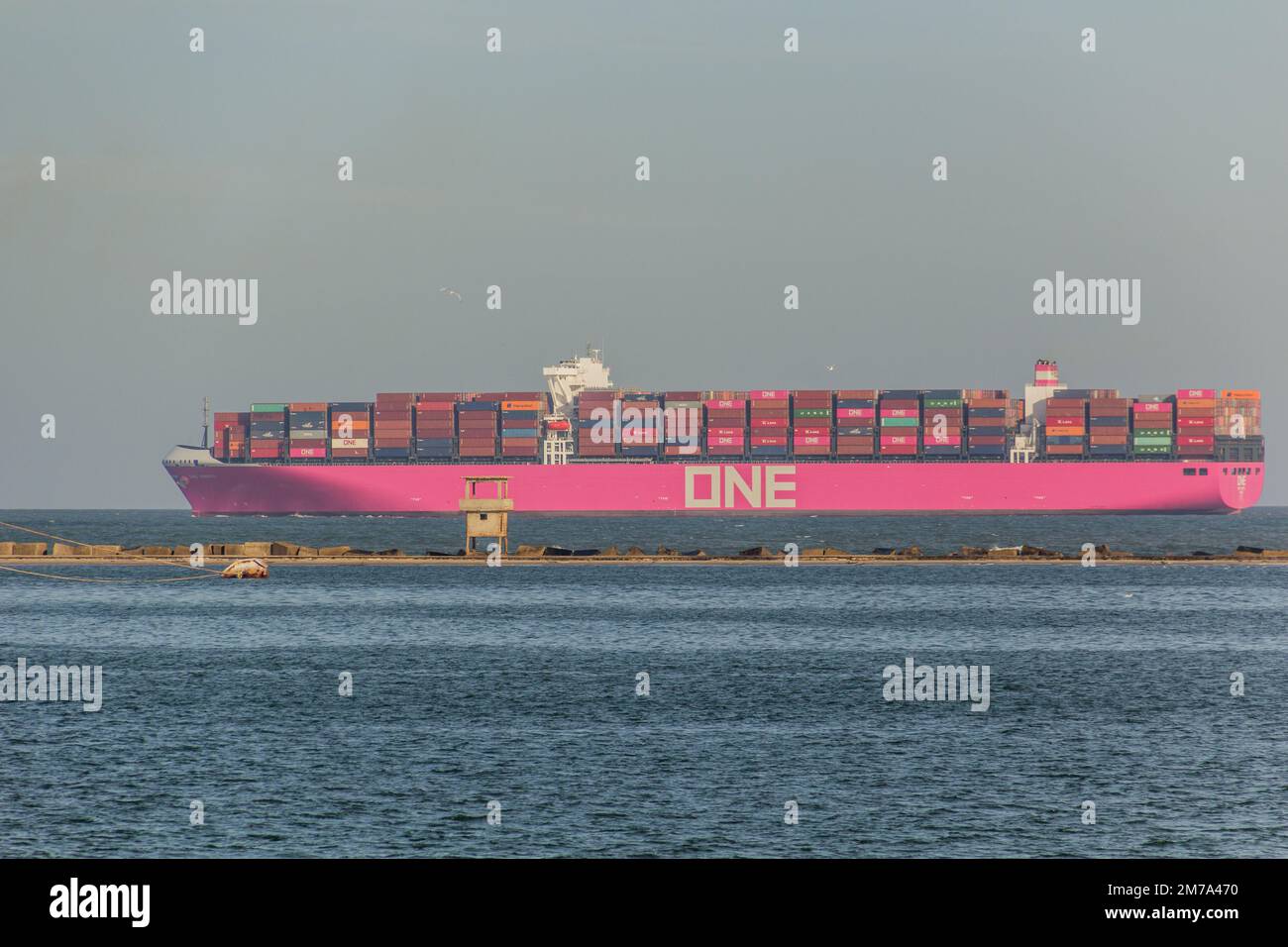 PORT SAID, EGYPT - FEBRUARY 3, 2019: Container ship near the Suez canal ...