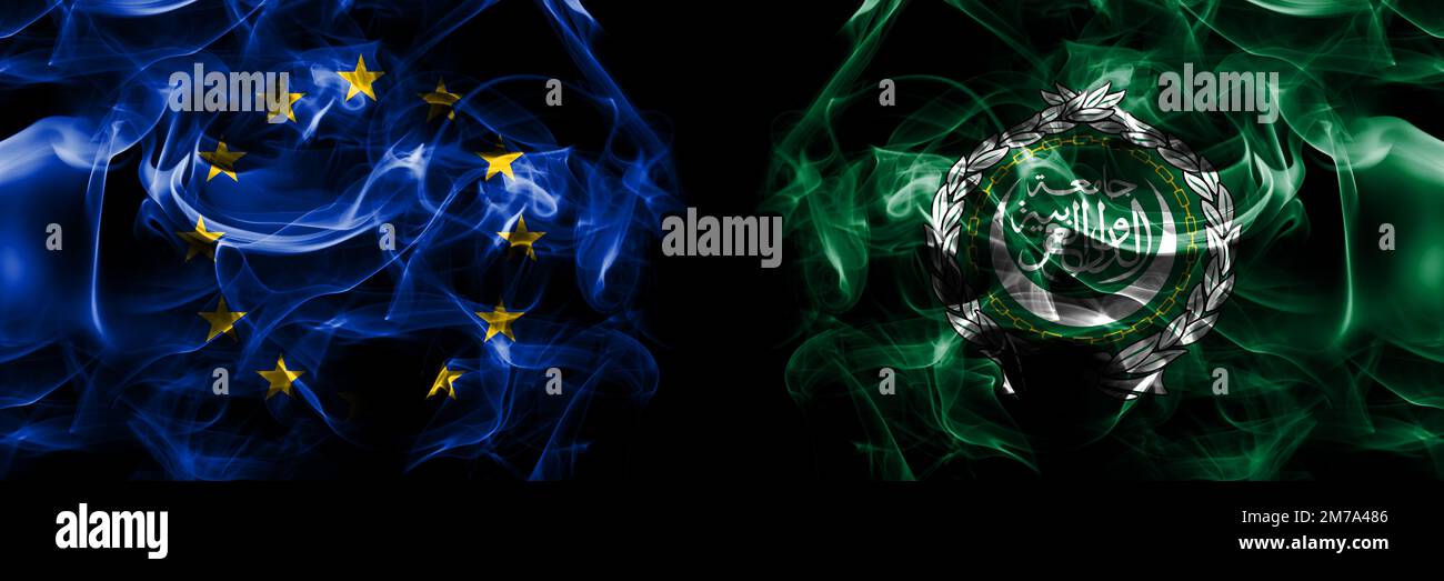 Flags of EU, European Union vs Arab League. Smoke flag placed side by ...