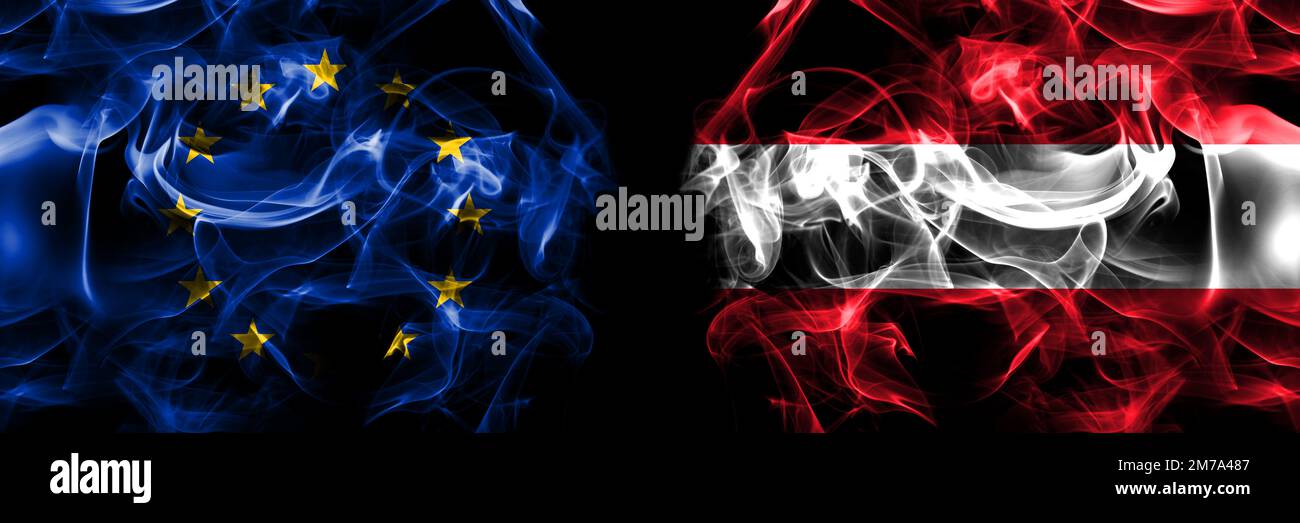 Flags of EU, European Union vs Austria, Austrian. Smoke flag placed ...