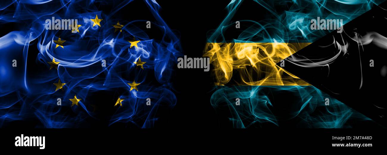 Flags of EU, European Union vs Bahamas, Bahamian. Smoke flag placed ...