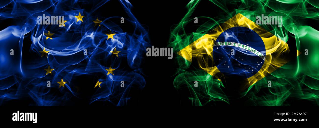 Flags of EU, European Union vs Brazil, Brazilian. Smoke flag placed ...