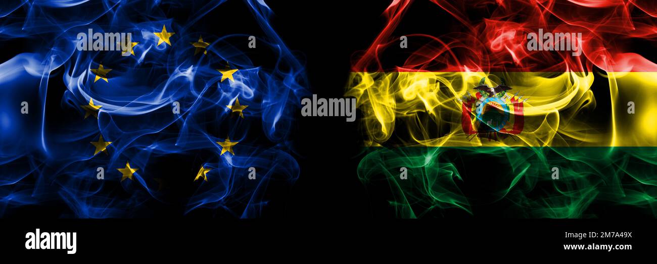 Flags of EU, European Union vs Bolivia, Bolivian. Smoke flag placed ...