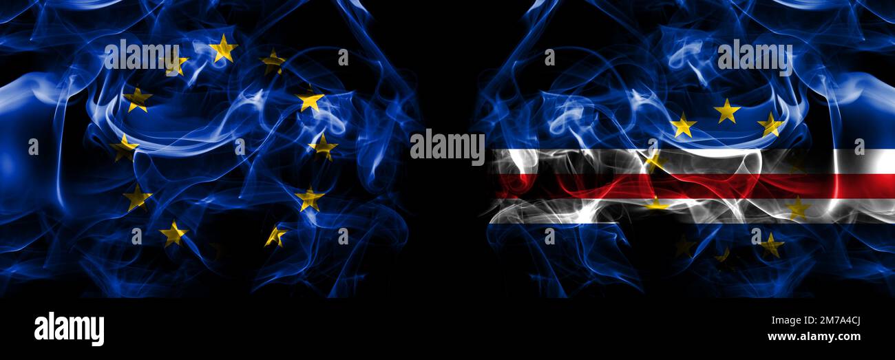 Flags of EU, European Union vs Cape Verde. Smoke flag placed side by ...