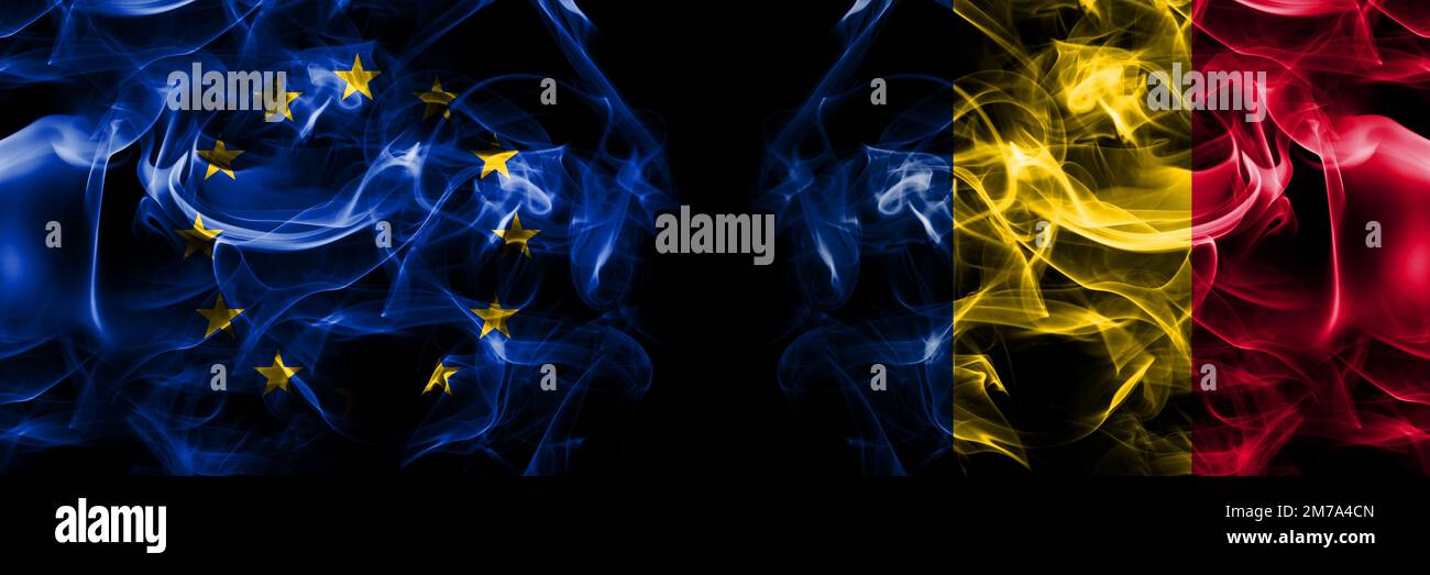 Flags of EU, European Union vs Chad, Chadian. Smoke flag placed side by ...