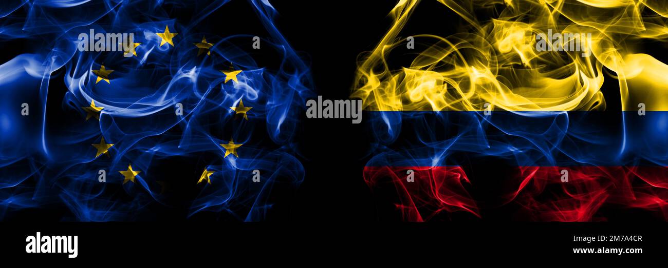Flags of EU, European Union vs Colombia, Colombian. Smoke flag placed ...