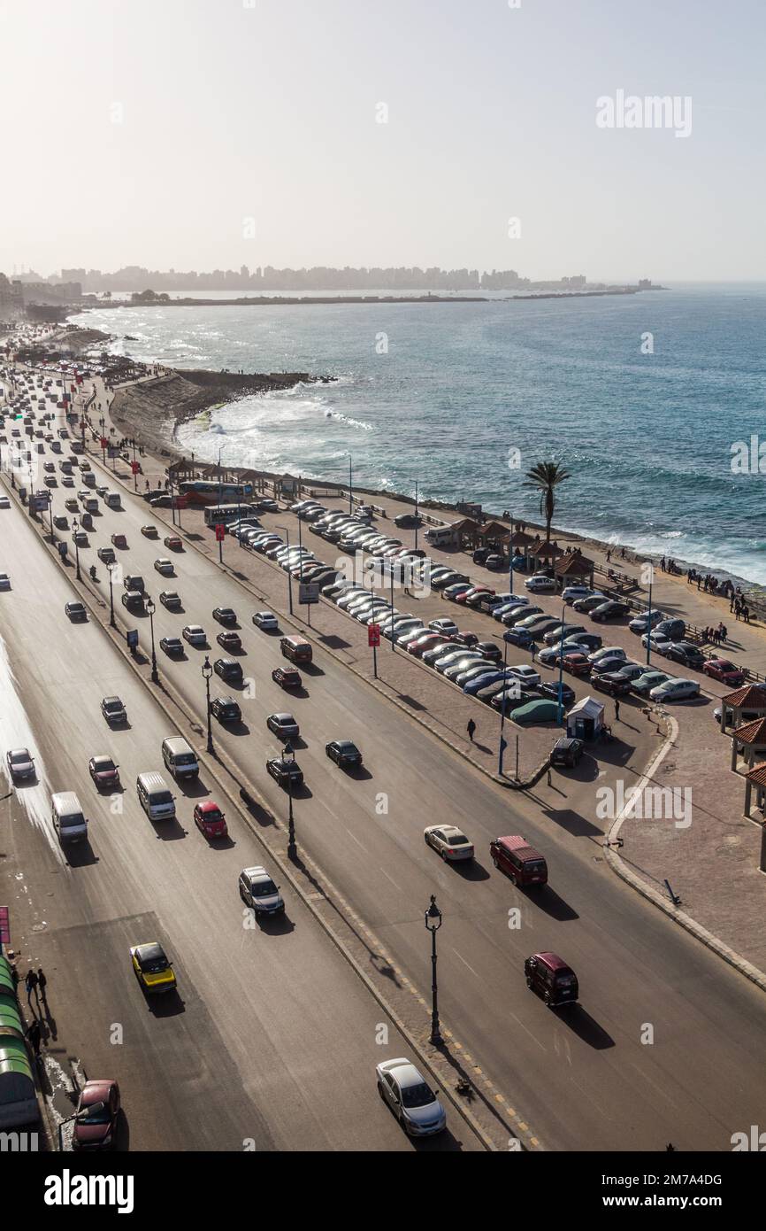 Aerial view of Corniche seaside drive in Alexandria, Egypt Stock Photo ...