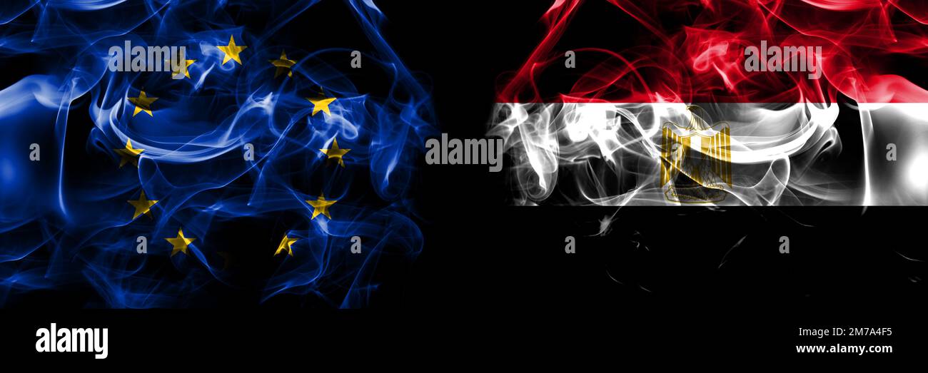 Flags of EU, European Union vs Egypt, Egyptian. Smoke flag placed side ...