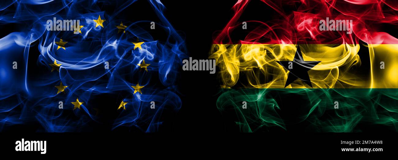 Flags of EU, European Union vs Ghana, Ghanaian. Smoke flag placed side ...
