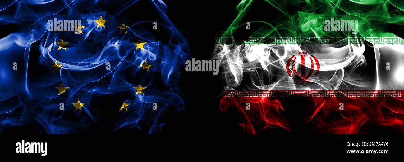 Flags of EU, European Union vs Iran, Iranian. Smoke flag placed side by ...
