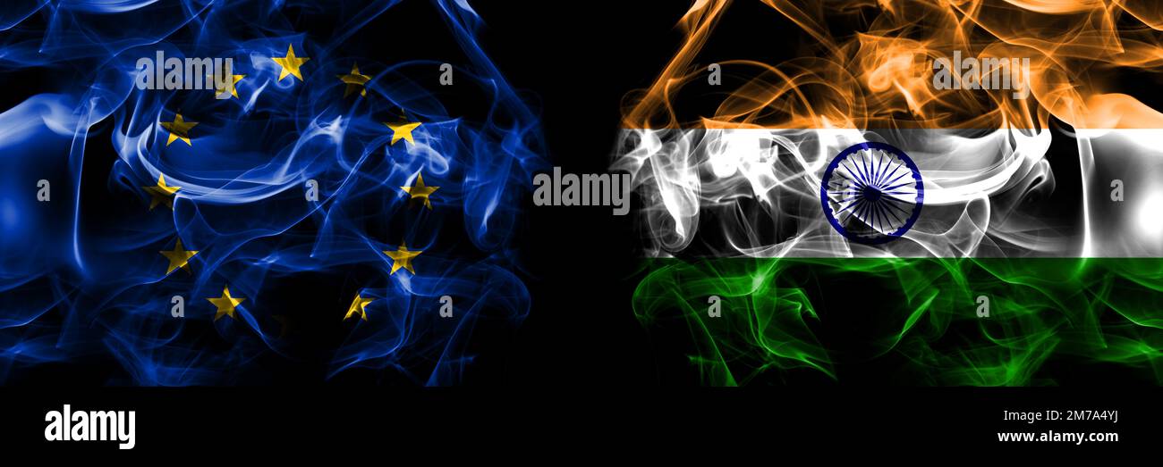 Flags of EU, European Union vs India, Indian. Smoke flag placed side by ...