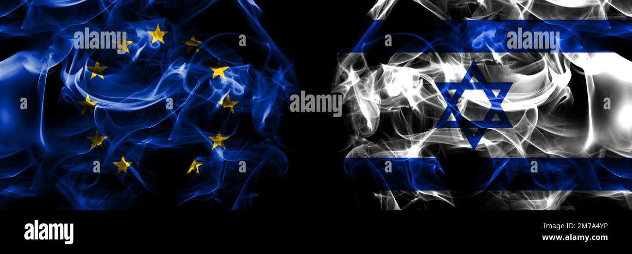 Flags of EU, European Union vs Israel, Israeli. Smoke flag placed side ...
