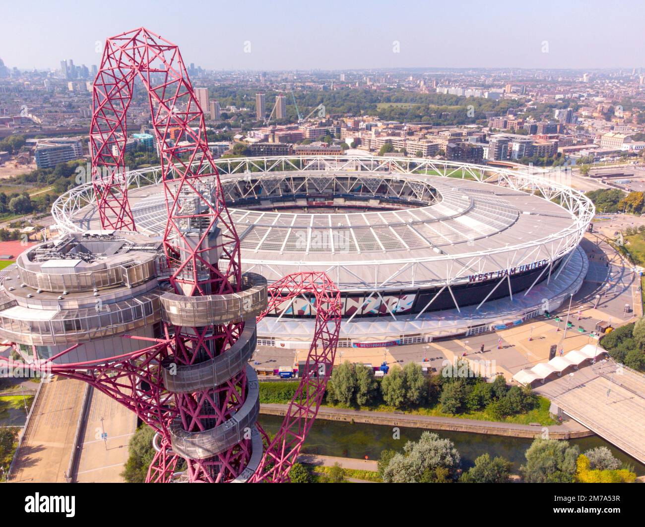An aerial shot of the West Ham London Stadium with the surroundings ...