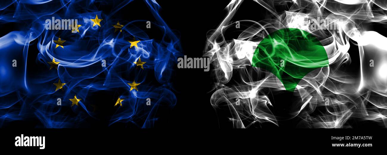 Flags of EU, European Union vs Japan, Japanese, Tokyo. Smoke flag ...
