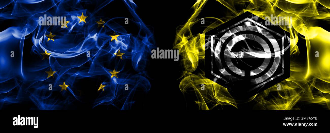 Flags of EU, European Union vs Japan, Japanese, Utashinai, Hokkaido ...