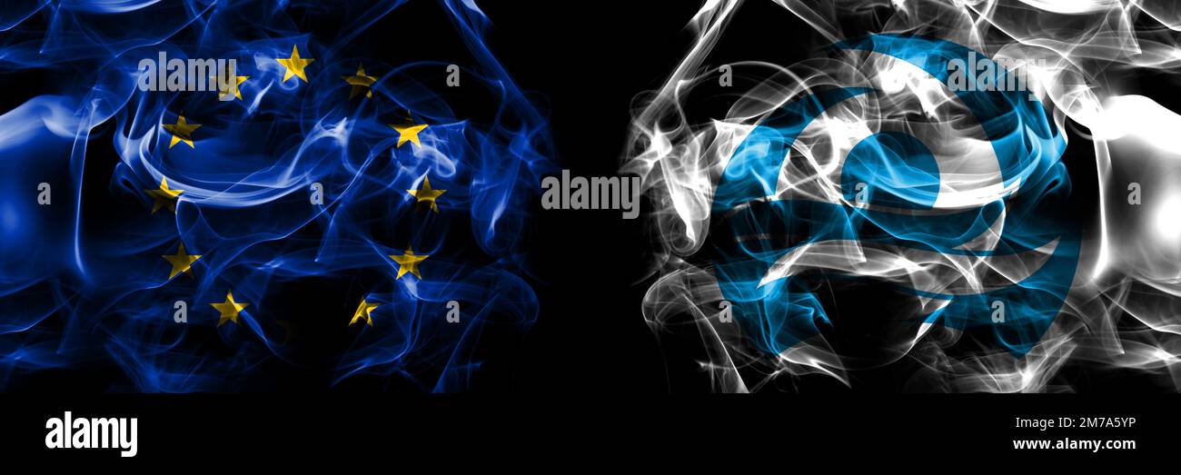 Flags of EU, European Union vs Japan, Japanese, Yakumo, Hokkaido ...