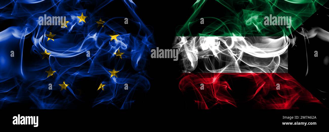 Flags of EU, European Union vs Kuwait, Kuwaiti. Smoke flag placed side ...