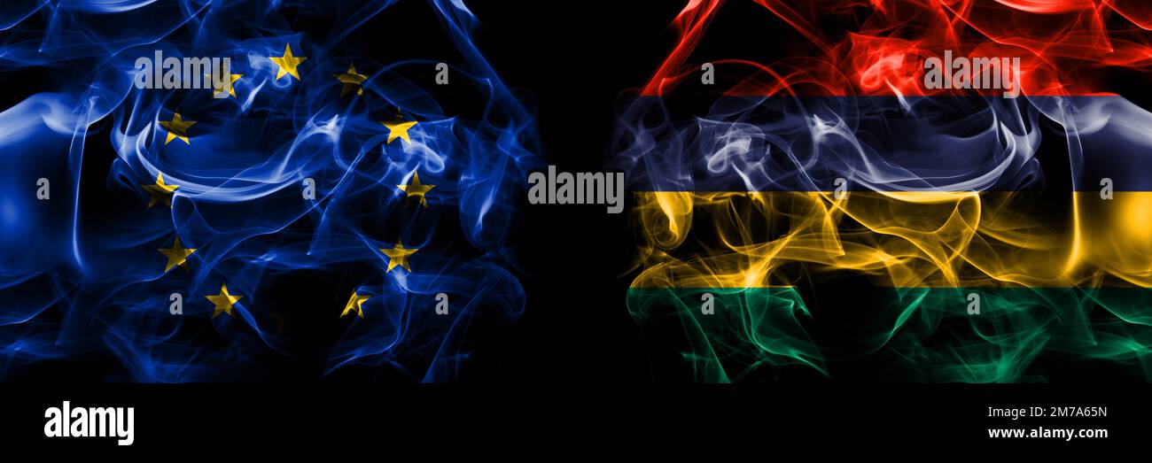 Flags of EU, European Union vs Mauritius, Mauritian. Smoke flag placed ...