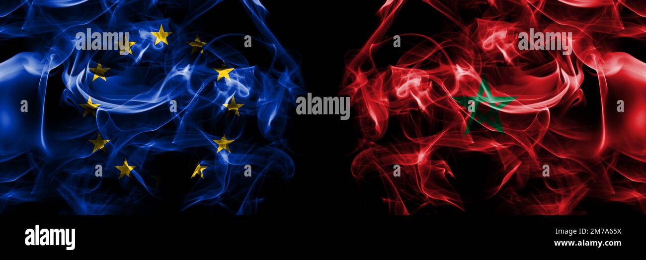 Flags of EU, European Union vs Morocco, Moroccan. Smoke flag placed ...