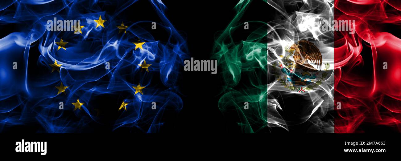 Flags of EU, European Union vs Mexico, Mexican. Smoke flag placed side ...