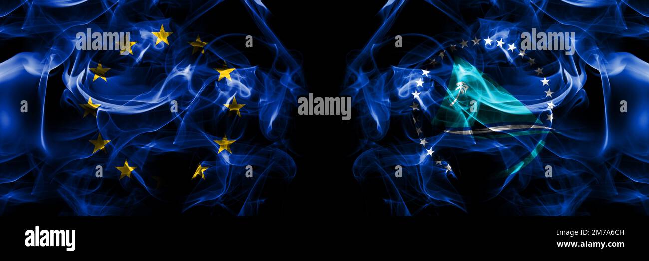 Flags of EU, European Union vs Organizations, Pacific Community. Smoke ...