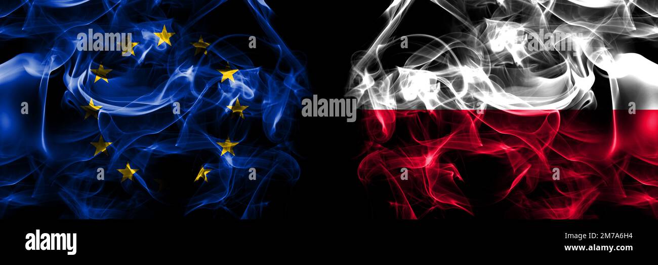 Flags of EU, European Union vs Poland, Polish. Smoke flag placed side ...
