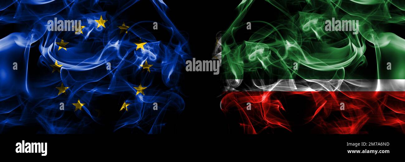 Flags of EU, European Union vs Russia, Russian, Chechen Republic. Smoke ...