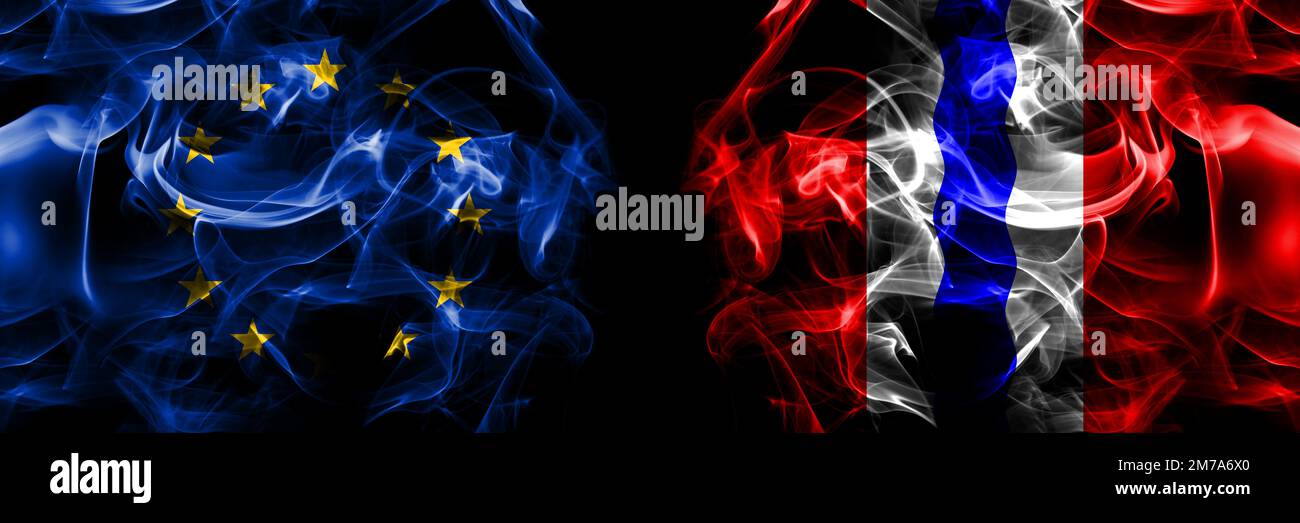 Flags of EU, European Union vs Russia, Russian, Omsk Oblast. Smoke flag ...