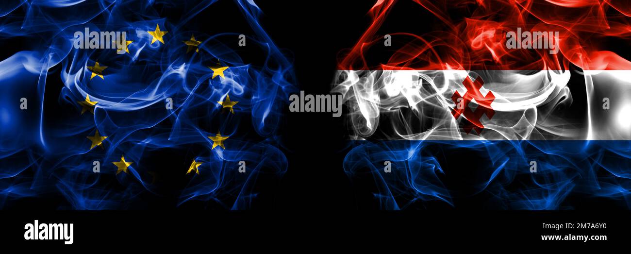 Flags of EU, European Union vs Russia, Russian, Permyakia. Smoke flag ...