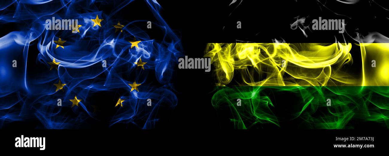 Flags of EU, European Union vs Russia, Russian, Ural Republic. Smoke ...