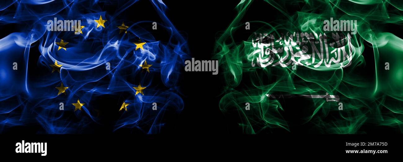 Flags of EU, European Union vs Saudi Arabia, Arabian. Smoke flag placed ...
