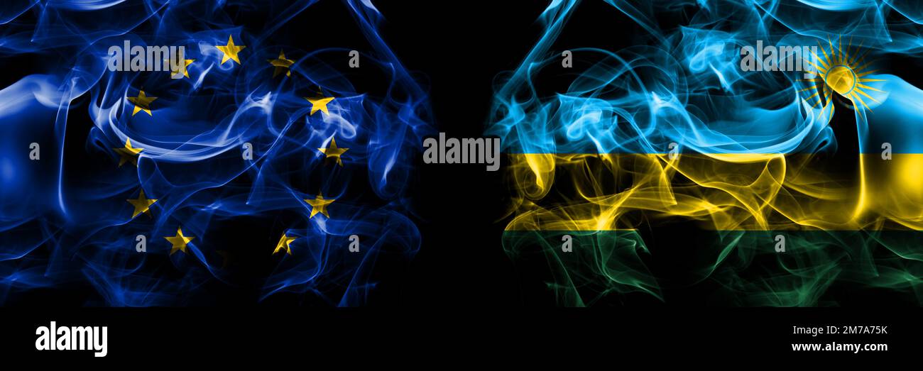 Flags of EU, European Union vs Rwanda, Rwandan. Smoke flag placed side ...