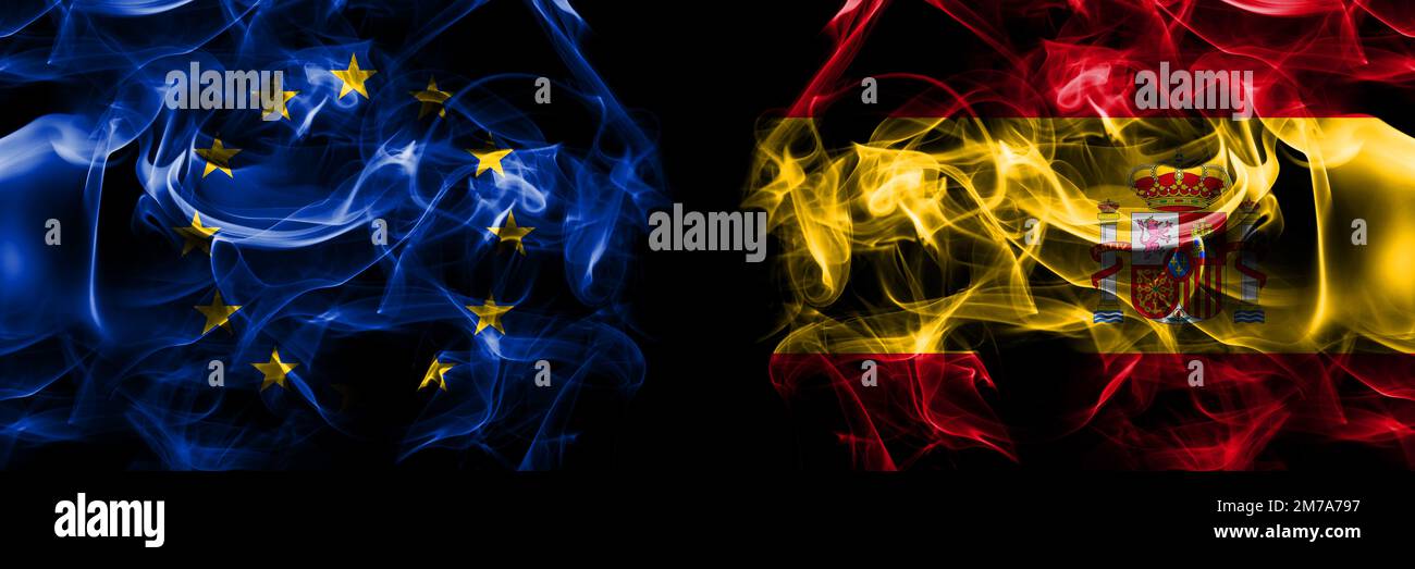 Flags of EU, European Union vs Spain, Spanish. Smoke flag placed side ...