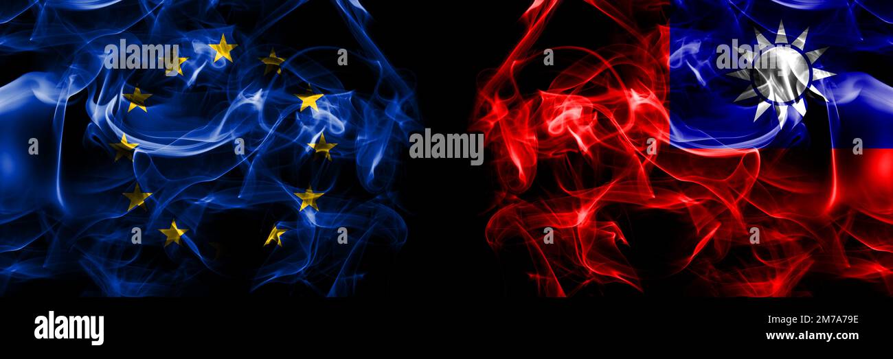 Flags of EU, European Union vs Taiwan, Taiwanese. Smoke flag placed ...