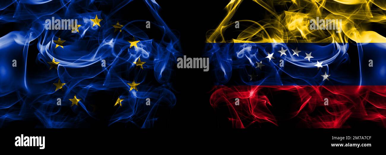 Flags of EU, European Union vs Venezuela, Venezuelan. Smoke flag placed ...