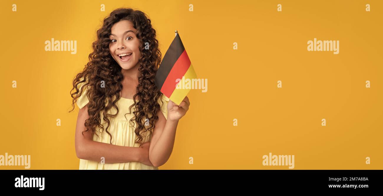 travel to germany. amazed teen girl hold german flag. schengen ...