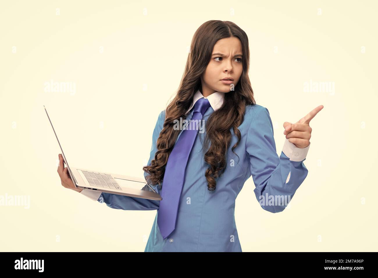 Young girl student hold computer. Funny pupil with laptop isolated on ...