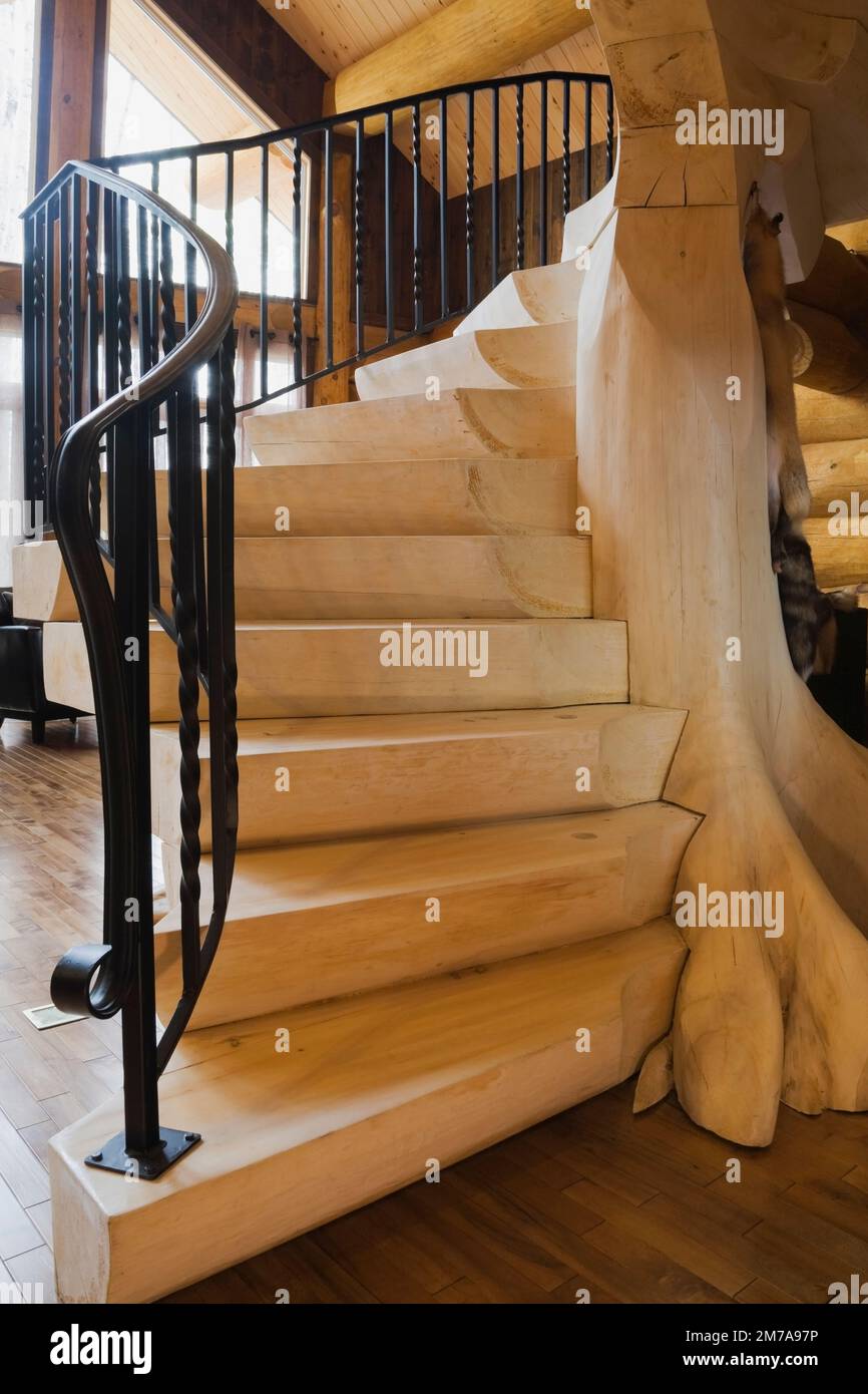 Bleached wooden stairs with black wrought iron railing in living room ...